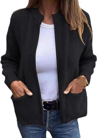 Generic Cardigan Femme &agrave; Fermeture &Eacute;clair, Col Rond Uni avec Poches, Veste en Tricot Ouvert D&eacute;contract&eacute;(Black,5X-Large)