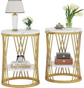 Tribesigns Lot de 2 tables bout de canap&eacute; rondes, modernes et dor&eacute;es avec &eacute;tag&egrave;res en faux marbre, table de chevet &agrave; 2 niveaux, table basse fine pour canap&eacute;, cha