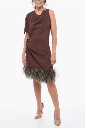 Stephan Janson Asymmetric PARIS Silk Dress with Ostrich Feathered Bottom size M