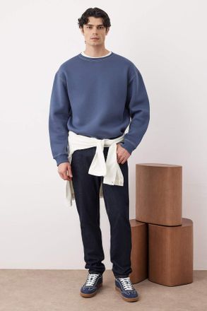 Trendyol MAN Herren Dunkelblau Einfarbig Lang Oversize Sweatshirts