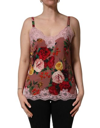 Dolce & Gabbana Womens Brown Rose Print Satin Lace Camisole Tank Top Cotton Elastane Nylon Silk