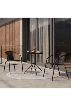 ambia GARDEN Balkonset, Schwarz, Metall, Kunststoff, Glas, 3-teilig, Rundrohr, 60x52x70 cm, Balkonmöbel, Balkonmöbel-Sets