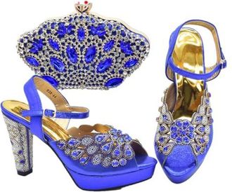 Generic Ensemble chaussures et sac pour femme avec chaussures et sacs assortis à strass et talons hauts, bleu, 40.5 EU