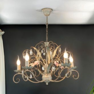 Licht-Erlebnisse Kronleuchter Metall Glas Shabby Wei&szlig; Rosa Esstisch Wohnzimmer L:62 cm E14 max. 60 Watt verspielt Florale Pendelleuchte K&uuml;che LUCE