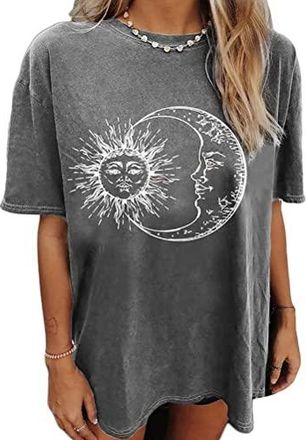 ORANDESIGNE Haut Femme Ete Chic et Elegant Tee Shirt pour Femme Oversize Grande Taille Humour Manche Courte et Manche Longue Motif à Lune et Soleil S Gris L