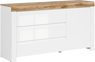 PEGANE Buffet avec 1 porte et 3 tiroirs, coloris Blanc/Ch&ecirc;ne wotan - Longueur 156 x Profondeur 42 x Hauteur 83,5 cm