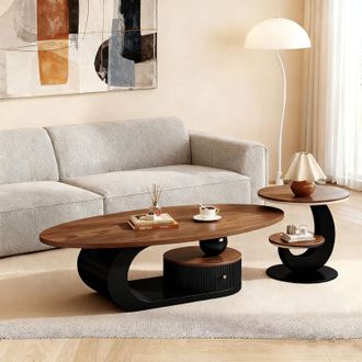 Generic 2PC Couchtisch im Landhausstil, Moderner ovaler Beistelltisch aus Holz mit Schubladen und Stauraum Freistehende Wohnzimmertische for Wohnung/Haus(Schw