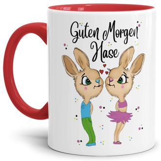 Tassendruck Tasse mit Spruch Hasenliebe - Guten Morgen Hase - Geschenk-Idee/S&uuml;&szlig;er Hase/Kaffee-Tasse/Ostern/Liebe - Innen & Henkel Rot