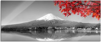 Pixxprint Glasbild Panorama, Wandbild aus Echtglas, Berg Fujiyama mit herbstlich rotem Baum B&W Detail, 120x50 cm, inkl. Aufhängung und Abstandshalter