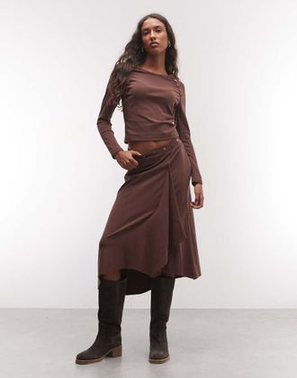 Daisy Street jupe midi asym&eacute;trique marron, ensemble 2 pi&egrave;ces