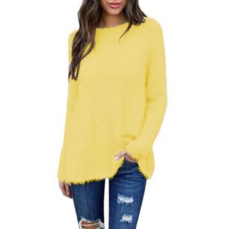 Generic T-shirt &agrave; manches longues pour femme - Couleur unie - En peluche - &Eacute;l&eacute;gant - Col en V, jaune, 4XL
