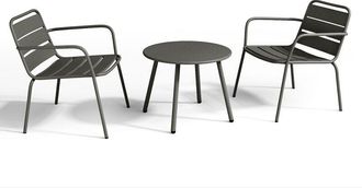 Vente-Unique Salon de jardin en m&eacute;tal - 2 fauteuils bas empilables et une table dappoint ronde - Gris anthracite - MIRMANDE de MYLIA