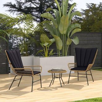 STILVORA Ensemble Table et Chaises de Jardin avec 2 Fauteuils et 1 Table Basse Ronde, Dossier Papillon, Rotin PE et Acier, Noir