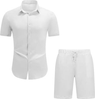 AlltheMen Chemise Ensemble Homme Manches Courtes Couleur Uni Shirt Boutonnée Casual Travail Blouse avec Shorts en Lin dété de Plage Blanc XXL