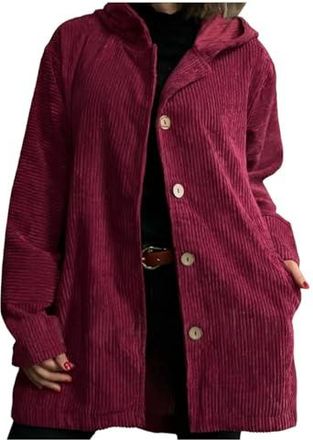 Generic 2026 Printemps Veste &agrave; manches longues en velours c&ocirc;tel&eacute; pour femme avec un chapeau, Rouge, 3XL