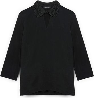 Fiorella Rubino Femme, Blouses et Chemises, Noir, Taille: 42 FR T-shirt bi-mati&egrave;re avec col pr&eacute;cieux