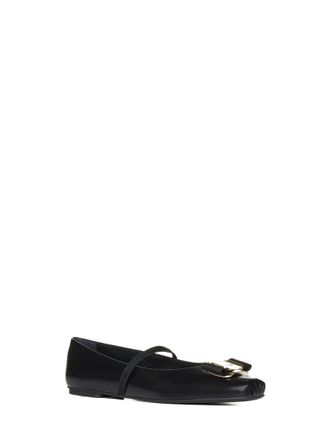 Ferragamo Womens Vara Bow Ballet Flats Black Lamb Skin Ballerina Shoes
