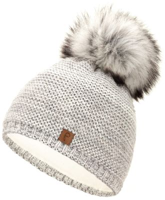 Faera Winterm&uuml;tze M&uuml;tze Damen warm gef&uuml;ttert Kunstfell Bommel Bommelm&uuml;tze Fleecefutter Winter Strickm&uuml;tze Beanie M&uuml;tze 31, Farbe:Warm Grau