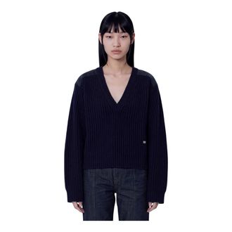 Ganni Woll Melange Rippstrick V-Ausschnitt - - Knitwear - Damen - Blau - S