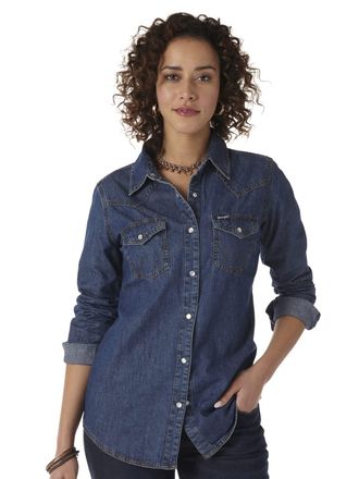 Wrangler Retro Langarm-Western-Hemd für Damen mit Druckknöpfen, in Mittelblau, Dunkles Denim, Mittel