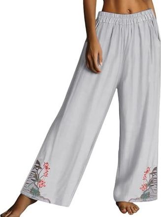 Generic Pantalon Palazzo l&eacute;ger &agrave; jambes larges pour femme - Taille &eacute;lastique - Coupe ample avec ourlet floral - Confortable - Pour l&eacute;t&eacute;, la plage, les vacance