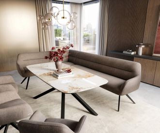 DELIFE Esszimmerbank Taya-Flex 285x190 cm Strukturstoff Soft Taupe Kreuzgestell kantig Schwarz Taschenfederkern Rechts, B&auml;nke