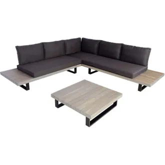 Hhg Garten-Garnitur HHG 641, Garnitur Sitzgruppe Lounge-Set, Spun Poly Akazie Holz mvg Alu grau, Polster dunkelgrau
