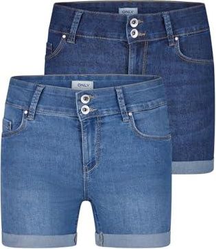 Only ONLCARMEN Lot de 2 shorts en jean stretch pour femme - Coupe skinny - Taille moyenne - Basique - Bleu - Noir - Tailles S, M, L, XL, XXL, Bleu foncé de