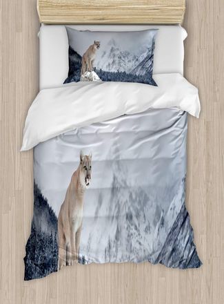 Abakuhaus Winter Bettbezugs Set für Einzelbetten, Puma und Snowy Mountains, Milbensicher Allergiker geeignet mit Kissenbezug, 130 x 200 cm,Grau Blau