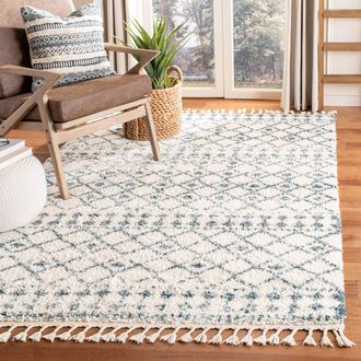 Safavieh Zottelig Teppich f&uuml;r Wohnzimmer, Esszimmer, Schlafzimmer - Berber Fringe Shag Collection, Kurzer Flor, Creme und Blau, 160 X 229 cm