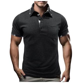 Generic Polo pour homme Patchwork europ&eacute;en Bouton Revers Hommes D&eacute;contract&eacute; Tendance Business Chemise &agrave; manches courtes ample et confortable, Noir, 3XL