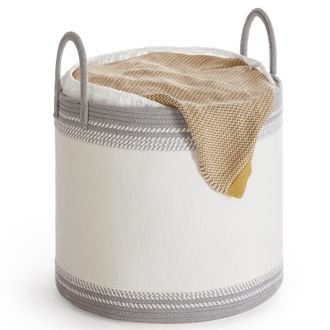 Songmics Wäschekorb, Wäschesammler, Aufbewahrungskorb, Baumwollseil, mit Henkel, für Decken, Kleideraufbewahrung, Schlafzimmer, Waschküche, 90 L, wolkenweiß-ta