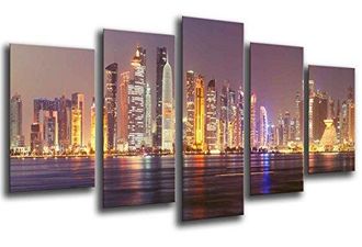 Cuadros Cámara Wandbild - Nacht Stadt, Wolkenkratzer, 165 x 62 cm, Holzdruck - XXL Format - Kunstdruck, ref.26081