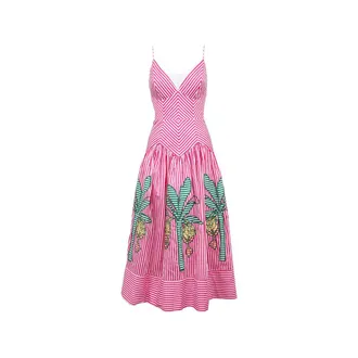 Farm Rio Palm Tree-embroidered Striped Midi Dress