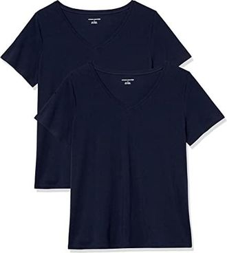 Amazon Essentials T-shirt À Manches Courtes et Col En V, Grande Taille Femme, Lot de 2, Bleu Marine, XXL Grande taille