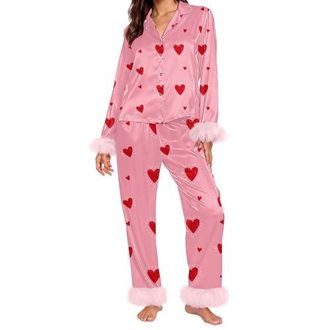 Generic Ensemble de pyjama en satin pour femme - V&ecirc;tement de nuit imprim&eacute; coeur - Haut et pantalon boutonn&eacute;s - Tenue 2 pi&egrave;ces - Pyjama en soie doux et confort