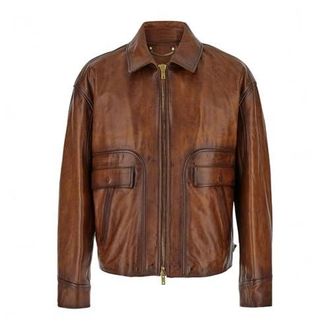 Generic Veste en cuir vintage marron caramel pour homme - Style bomber en peau de mouton de qualit&eacute; sup&eacute;rieure avec poches &agrave; rabat et taille r&eacute;glable, Marron 