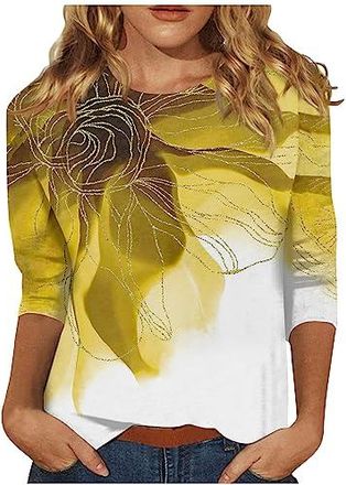 Generic Sweatshirts Femme Grande Taille,3/4 Manches pour Femmes Sportswear Haut Imprimé à Tee Shirt Manche Longue Femme Mode Blouse Femme Chic et Élégant Poly