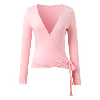 Generico Y2k T-shirt enveloppant &agrave; manches longues pour femme avec d&eacute;collet&eacute; en V profond pour yoga, Pilates, ballet, entra&icirc;nement, rouge, S