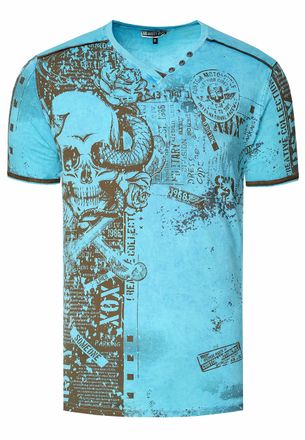 Rusty Neal Herren T-Shirt All Over Skull X Snake X Rose Print Wildleder-Band Knopf-Verzierung V-Neck Stretch Streetwear Used-Look Shirt 293, Farbe:T&uuml;rkis, Gr&ouml;&szlig;e 