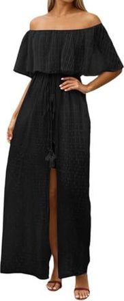 Generico Robe maxi en ligne A avec ouverture l&eacute;g&egrave;re et a&eacute;r&eacute;e Robe maxi boh&egrave;me avec ceinture Robe longue d&eacute;t&eacute; sans &eacute;paules pour femme, Noir, X-Large
