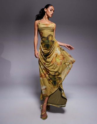 Asos Robe longue effet drapé en tulle imprimé fleuri avec dos nu - Vert-Multicolore
