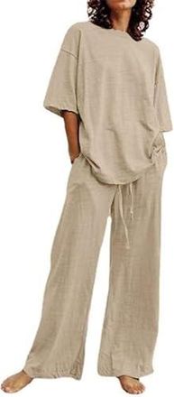 Generic Ensemble de pyjama deux pièces en coton et lin pour femme, tenue de nuit, ensemble pyjama à manches courtes et pantalon large avec poches, vêtements d