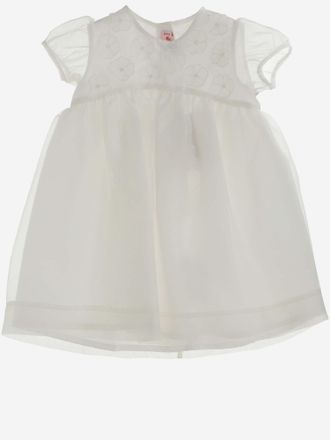 Il Gufo Girls Dress Organza Embossed Flowers White Silk; Lining: Cotton