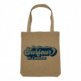 Fabulous Sac Shopping Tote Bag Aspect Lin - Certifi&eacute; meilleur Surfeur de lunivers Surf Plage Mer - Sac de Courses Toile Epaisse 360g Beige Naturel Cabas Port&eacute; 