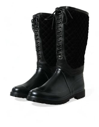 Dolce & Gabbana Mens Black Chioggia Rubber Suede Rain Boots Shoes Calfskin Leather Pvc