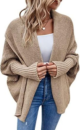 ORANDESIGNE Gilet Long Femme Hiver Chaud Cardigan Grande Taille Manches Longues Chic Tricot Veste Longue Grosse Maille &Eacute;l&eacute;gant Sweater Manteau Outwear E Kaki M