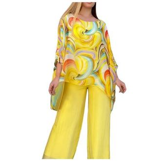 Generic Ensemble pantalon psychédélique coloré pour femme - En mousseline de soie - Imprimé 2 pièces - Haut + pantalon long - Deux pièces - Ensemble ample - T