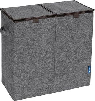 WENKO Wäschesammler Duo Grau/Braun, Stabiler Wäschekorb aus Filz mit 2 Fächern & separaten Klappdeckeln, praktischer Tragegriff für einfachen Transport, 82 