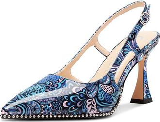 Castamere Femmes Slingback Bloc Chunky Haut High Talon Heel Ferm&eacute; Pointu Bout Escarpins Dress Mariage Party Chaussures 9 CM Heels Bleu Multicolore 39 EU